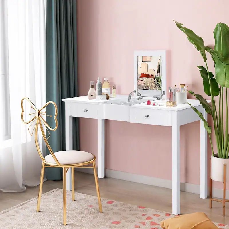 Costway Vanity Table Dressing Table Flip Top Desk Furniture White ...